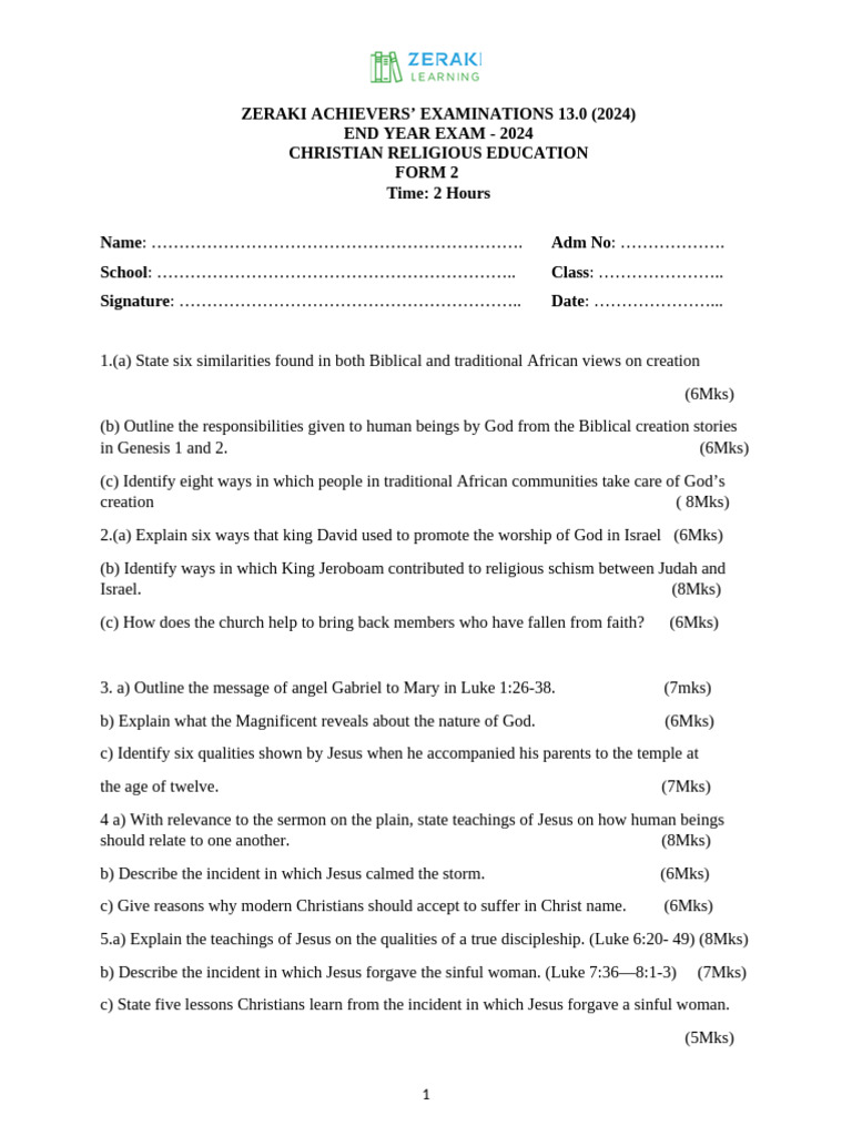 CRE - Question Paper | PDF | Jesus | Theology