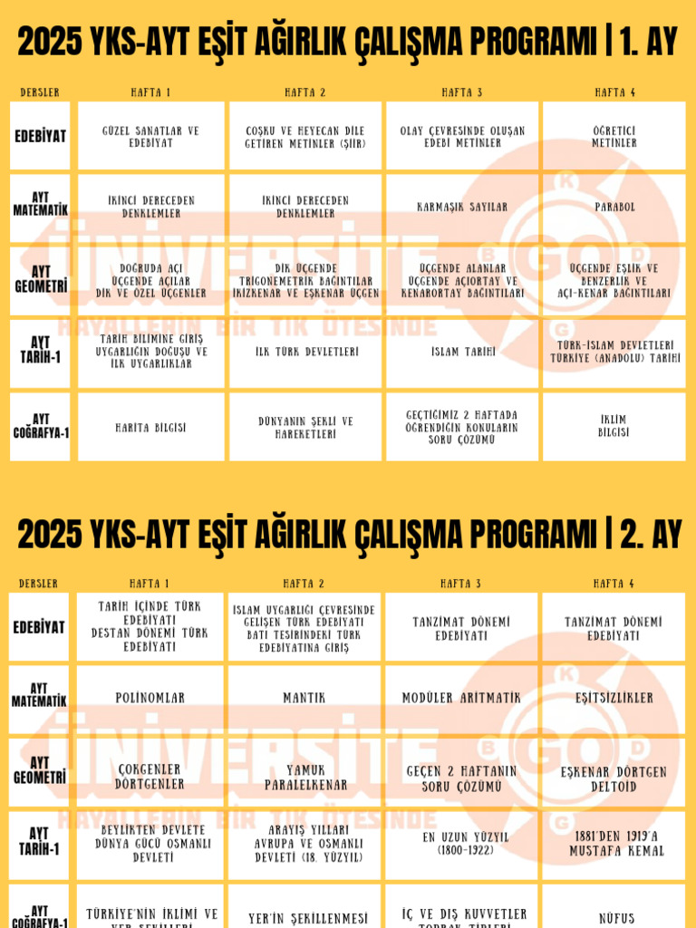 2025 Ayt Esit Agirlik Calisma Programi | PDF