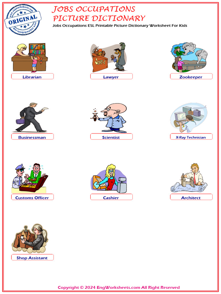 Jobs Occupations Esl Printable Picture Dictionary Worksheet For Kids ...