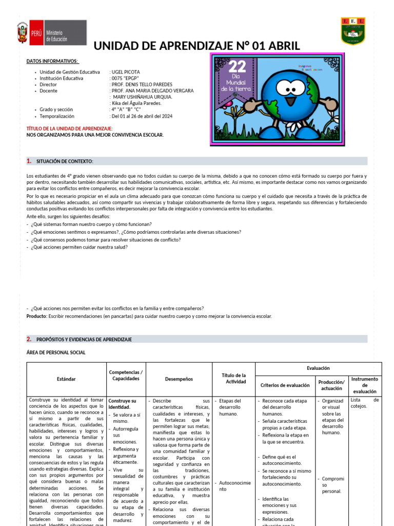Unidad de Aprendizaje 01 (4º Prim) | PDF | Evaluación | Las emociones