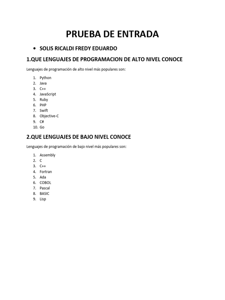 Prueba de Entrada | PDF | Lenguaje de programación | Java (lenguaje de programación)