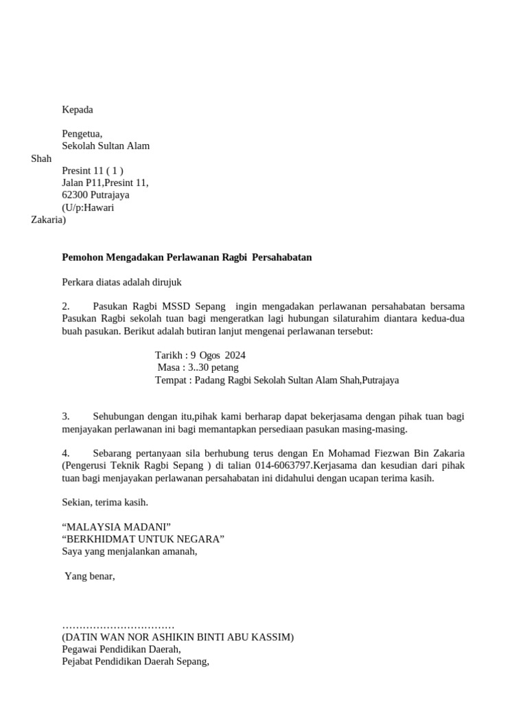 Surat Jemputan Persahabatan Ragbi MSSD Sepang Vs Presint 11 | PDF