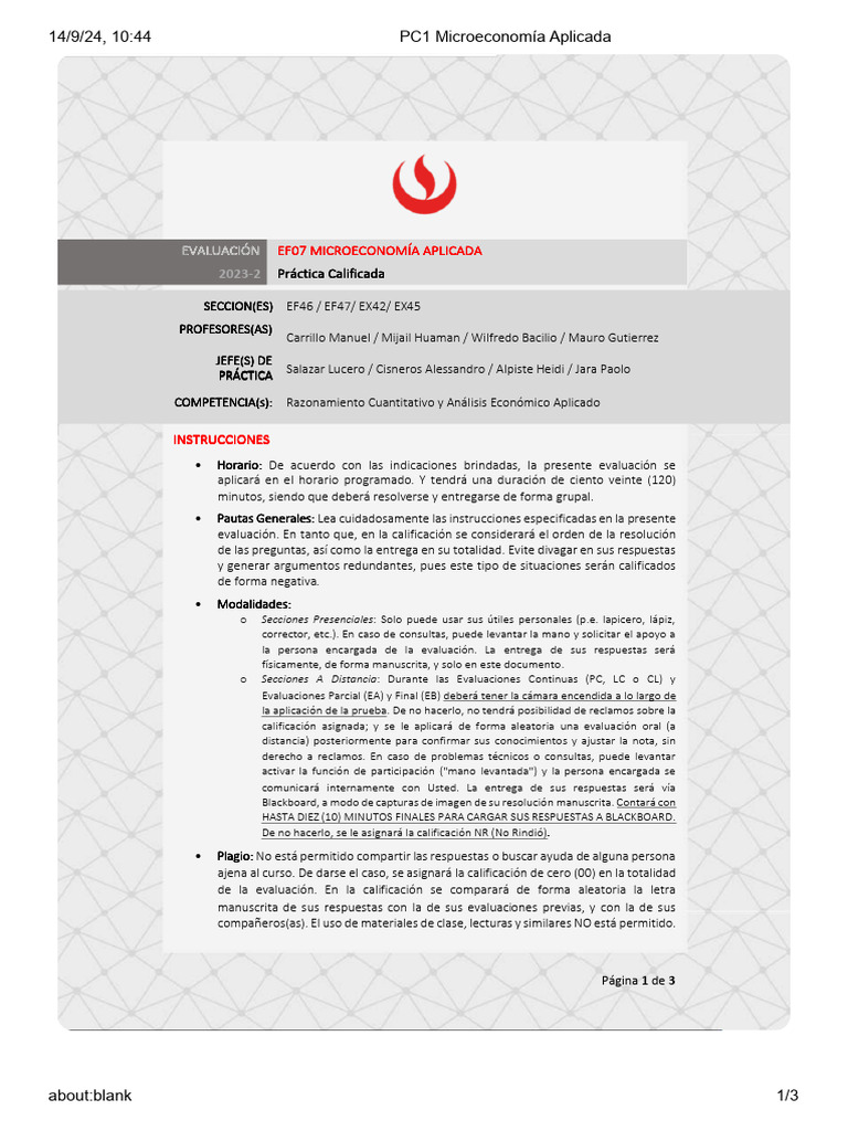 PC1 Microeconomía Aplicada | PDF | Teoría del equilibrio general | Ciencias económicas