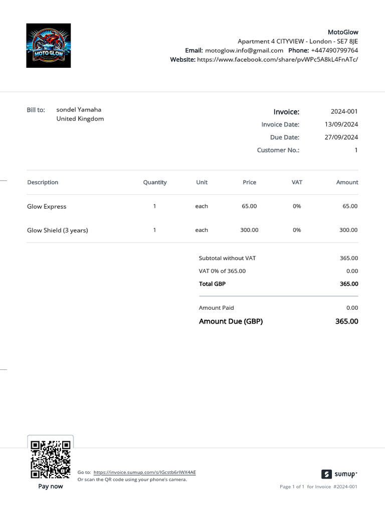 Invoice #2024-001 for MotoGlow Services | PDF