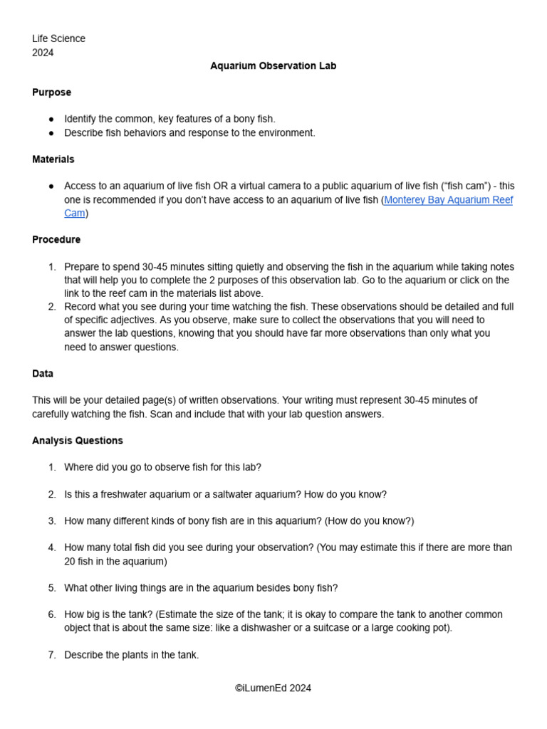 Aquarium Observation Lab | PDF | Fish | Aquarium