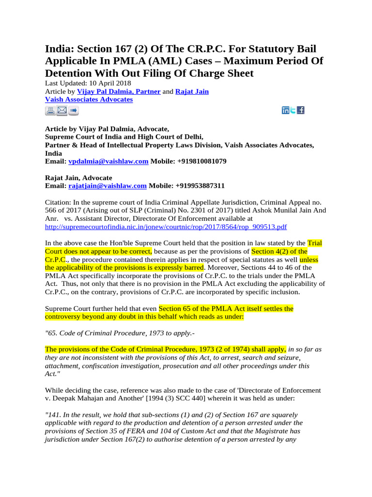 Section 167 (2) of The CR.P.C. For Statutory Bail Applicable in PMLA (AML) Cases - Maximum ...