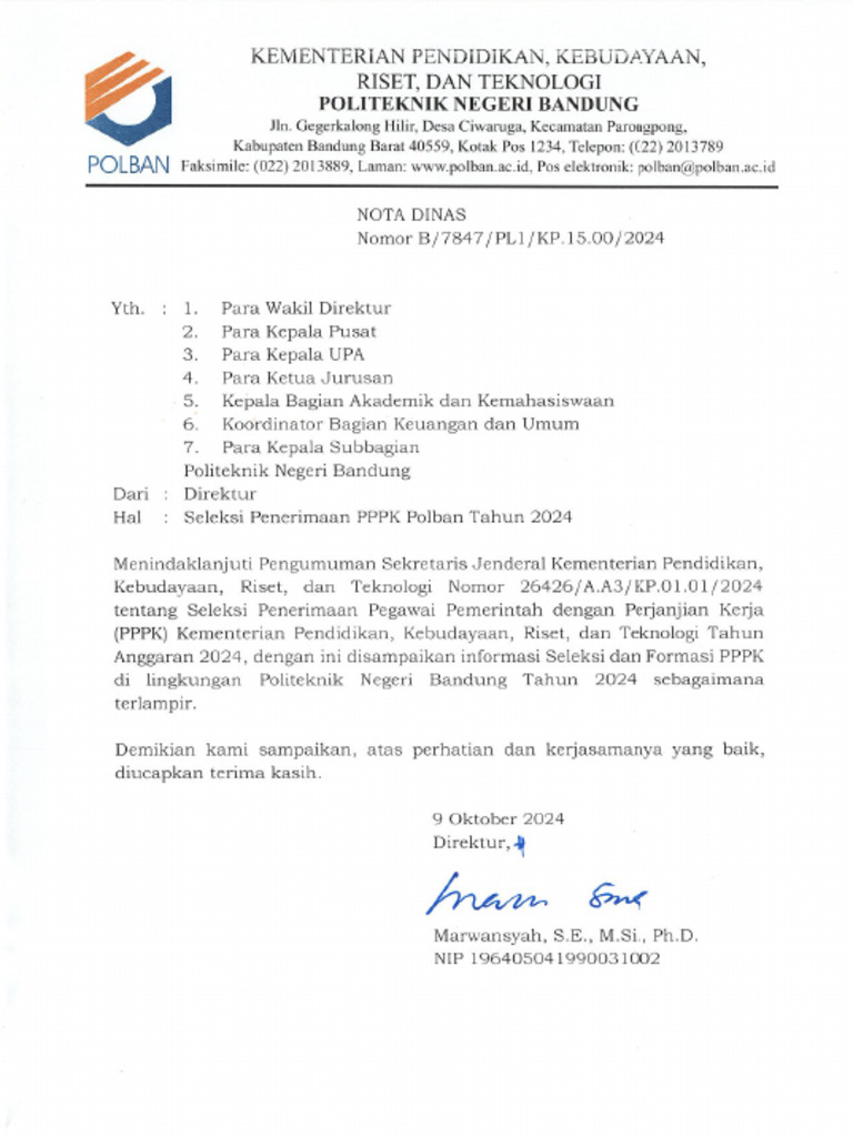 7847 Seleksi Penerimaan PPPK Polban 2024 | PDF