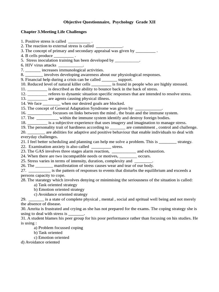 Psychology Grade XII: Stress Management Quiz | PDF | Stress (Biology ...