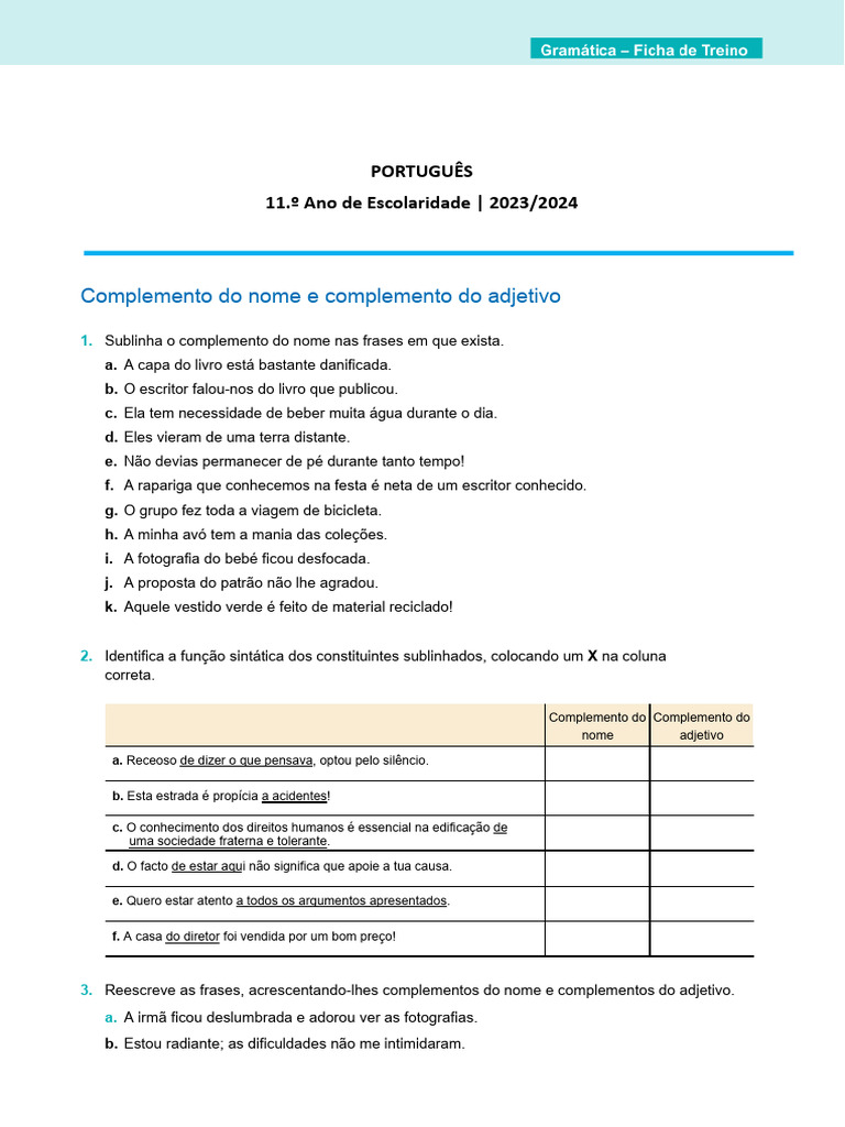 Complemento Do Nome - Complemento Do Adjetivo - Ficha de Treino | PDF