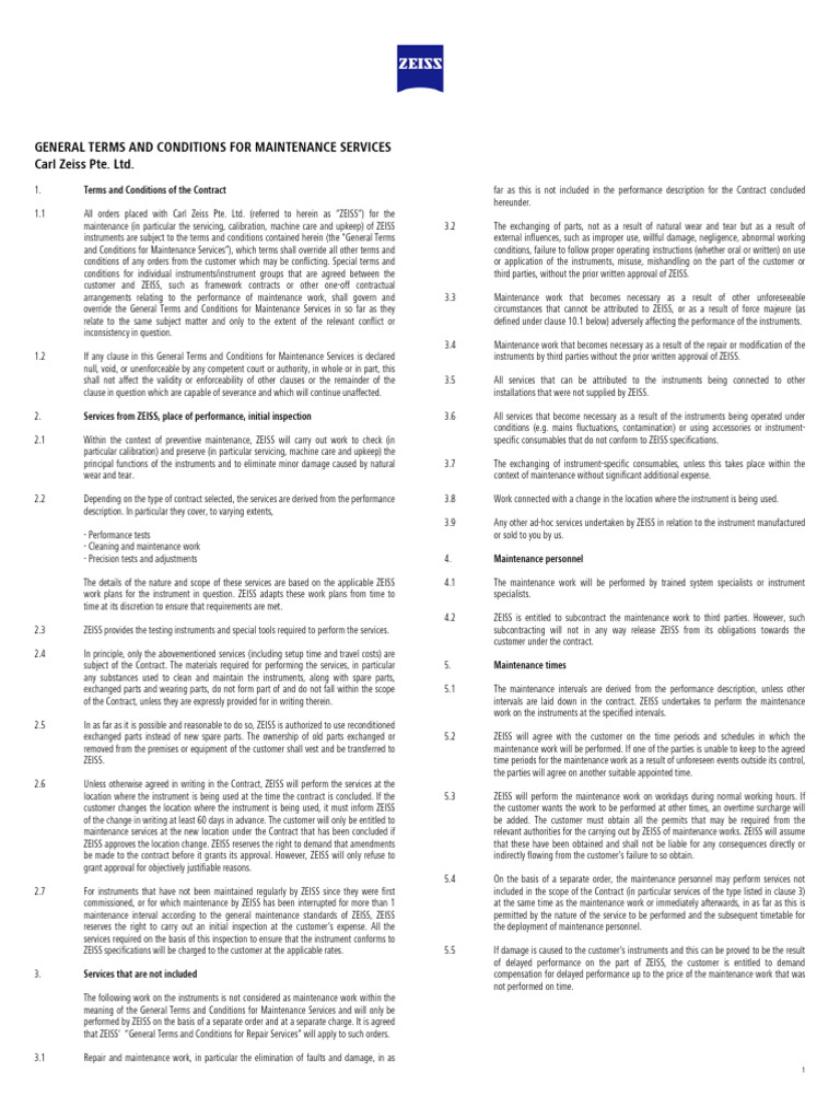 ZEISS Maintenance Service Terms | PDF | Legal Liability | Contractual Term