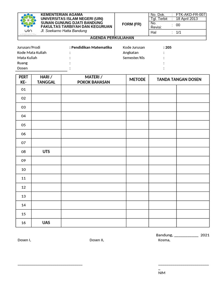 007 FTK-AKD-FR-007 Form Agenda 2021 Ganjil | PDF