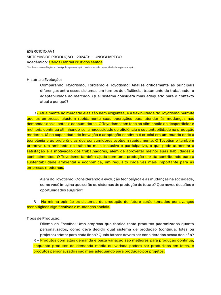 EXERCICIO AV1 - Carlos Gabriel | PDF | Planejamento de recursos empresariais | Sustentabilidade