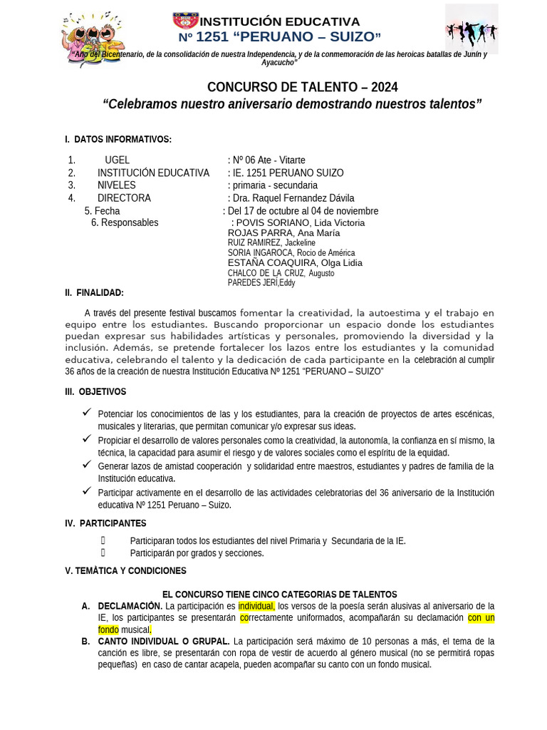 Plan de Concurso de Talento - Ie Peruano Suizo 2024 | PDF | Bailes ... Plan de Concurso de Talento - Ie Peruano Suizo 2024 | PDF | Bailes ...