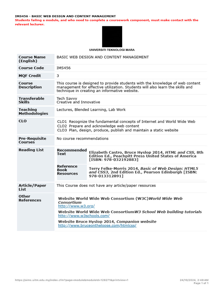 UiTM Curriculum Management - IMS456 - BASIC WEB DESIGN AND CONTENT ...