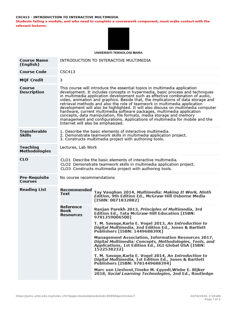 Uitm Curriculum Management - Csc413 - Introduction To Interactive Multimedia | PDF | Multimedia ...