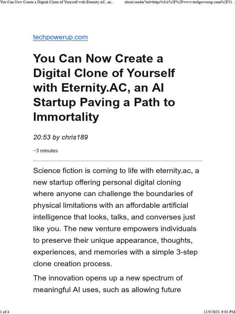 Create Your Digital Clone with Eternity.AC | PDF | Immortality | Computing