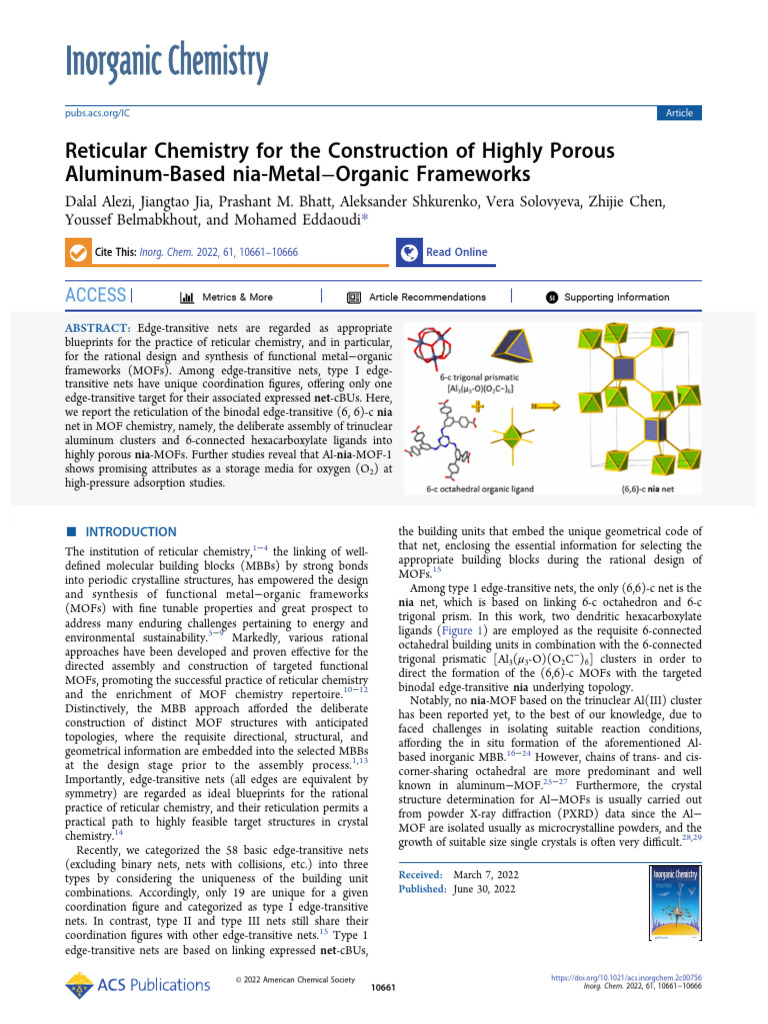 2022 - Al Nia MOF CH4 O2 CO2 - Eddaoudi - InorgChem | PDF | Adsorption | Physical Sciences
