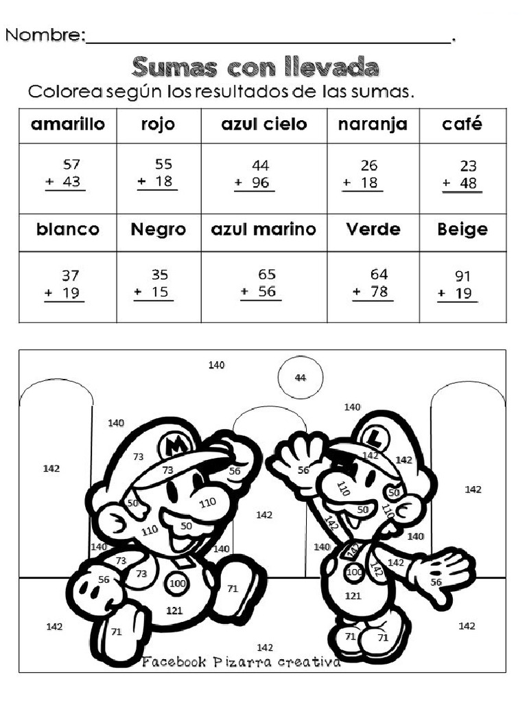 Suma Con Llevada Colorea y Calcula Luigi y Mario | PDF