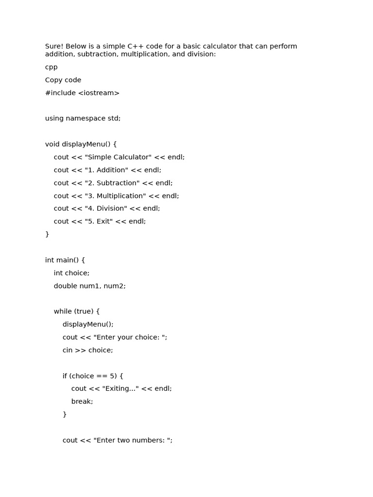 C++ Code For Calculator | PDF