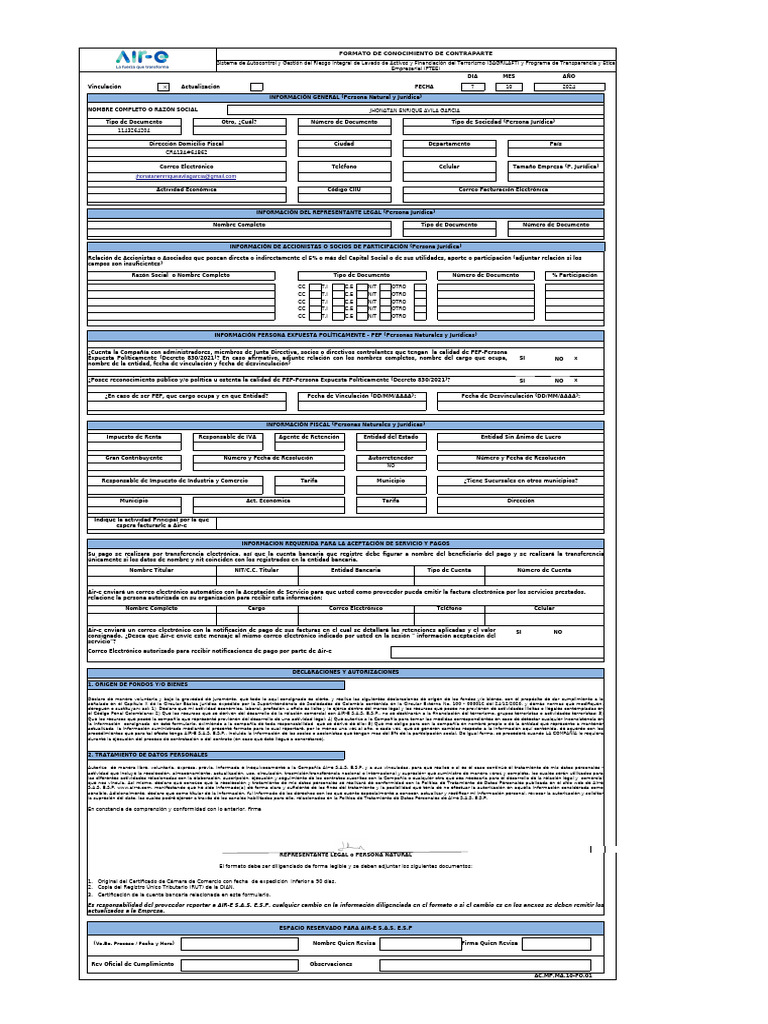 AC - MP.MA.10-FO.01 Formato de Conocimiento de Contraparte | PDF ...