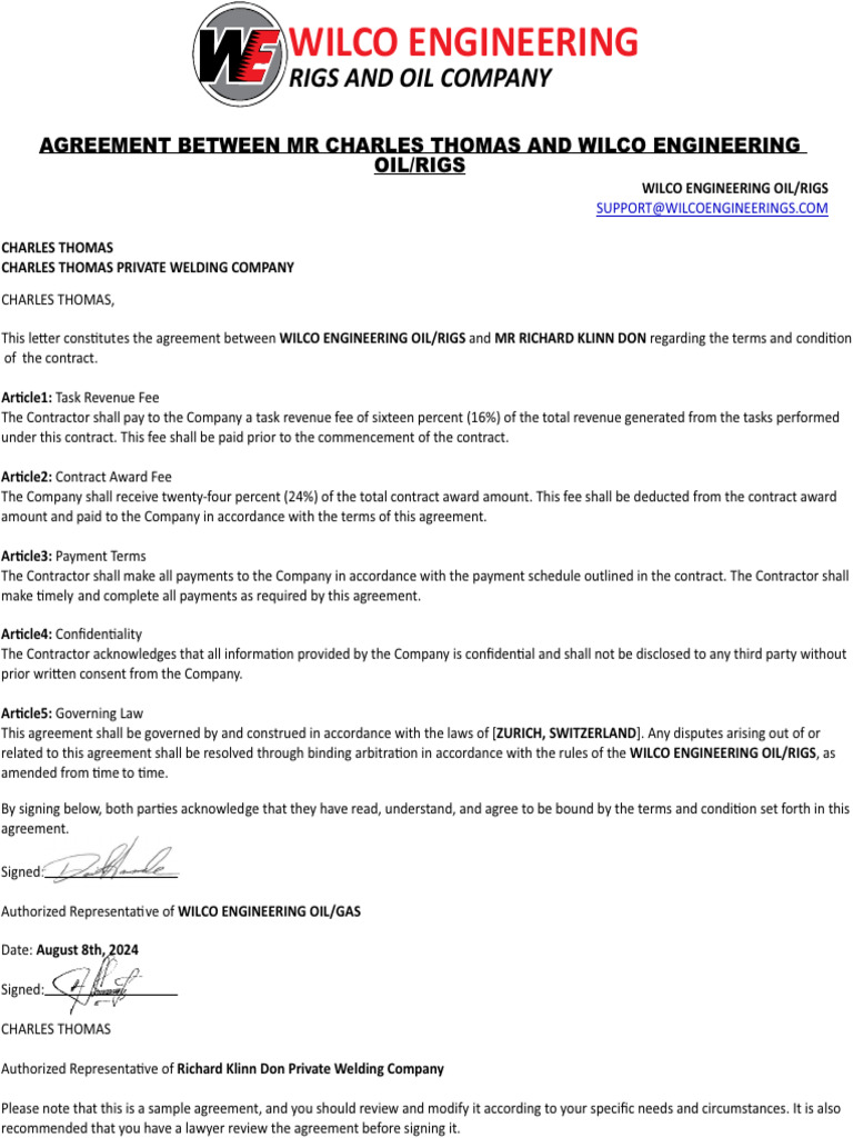 Agreement Between MR Charles Thomas and Wilco Engineering Oilrigs | PDF ...
