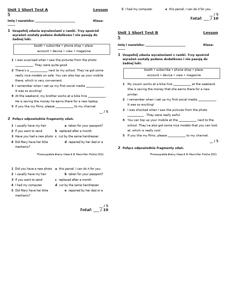 Unit 1 Short Test A & B | PDF