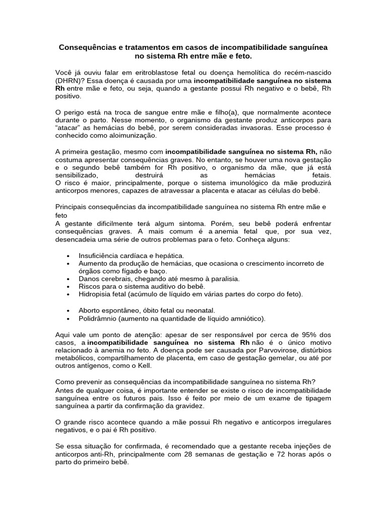 Consequências da Incompatibilidade Sanguínea | PDF | Gravidez ...