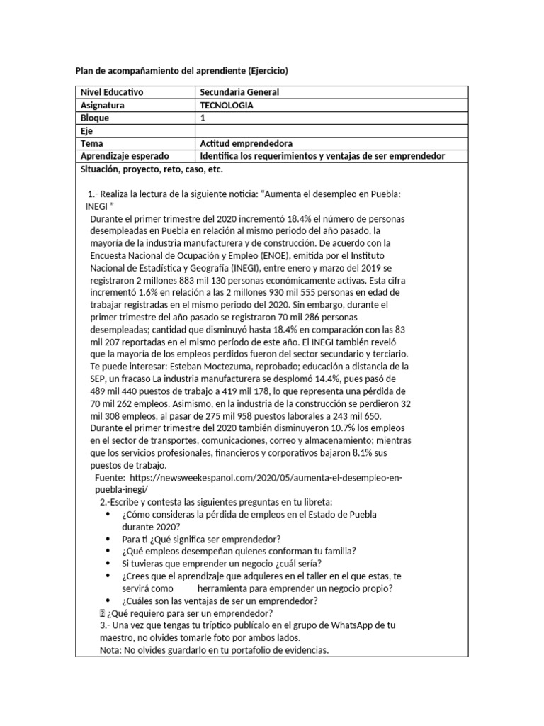 Plan de Acompañamiento Del Aprendiente-3 | PDF | Iniciativa empresarial