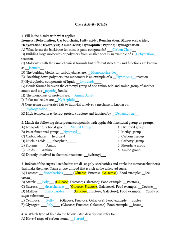 General Biology Chapter 3 Class Activity | PDF | Carbohydrates | Fructose