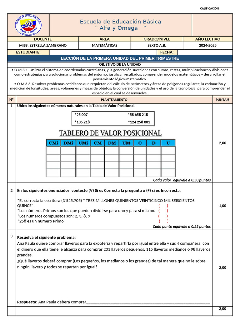 Diagnostico DE MATEMATICAS 6TO GRADO | PDF | Matemáticas