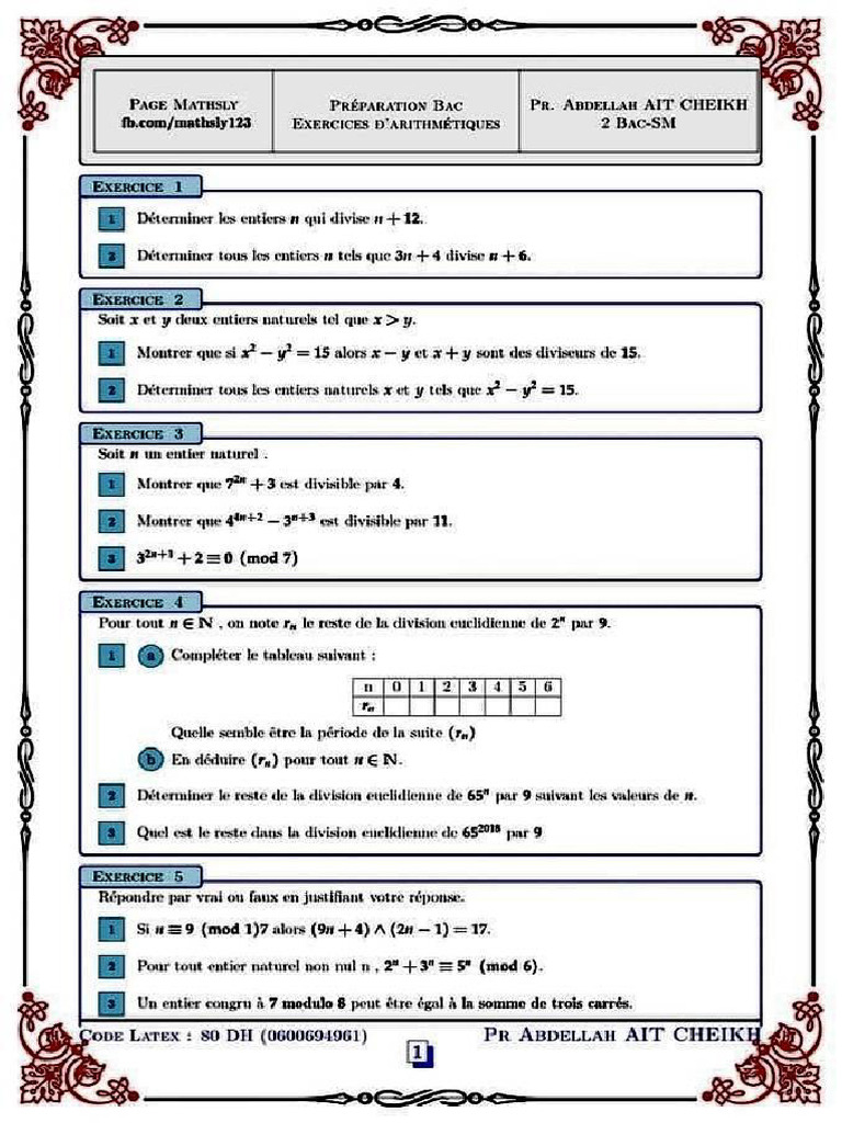 60 Exercices D'arithmétique | PDF