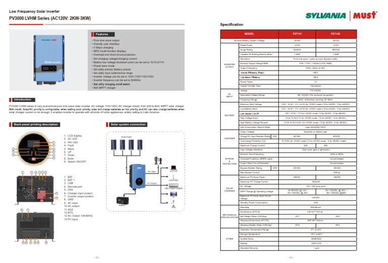 P27142-SOLAR INVERTER 3KW PV30-3024LV (Ficha) | PDF | Power Inverter | Mains Electricity