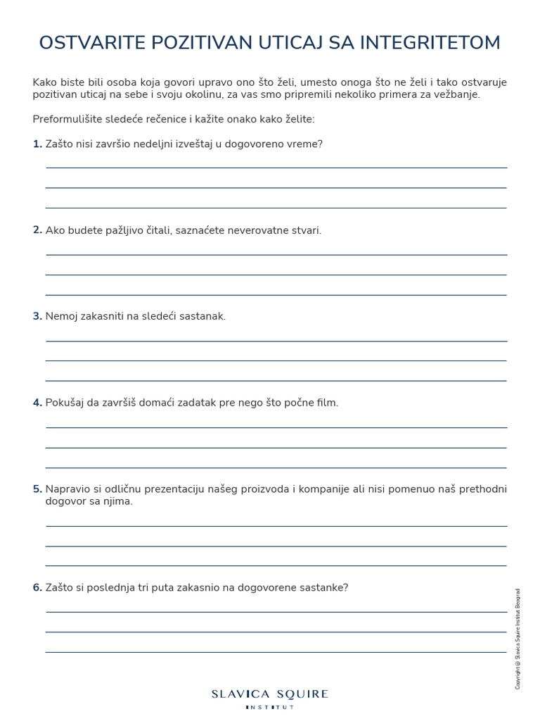 Lekcija 10 - Radni List - Ostvarite Pozitivan Uticaj Sa Integritetom | PDF