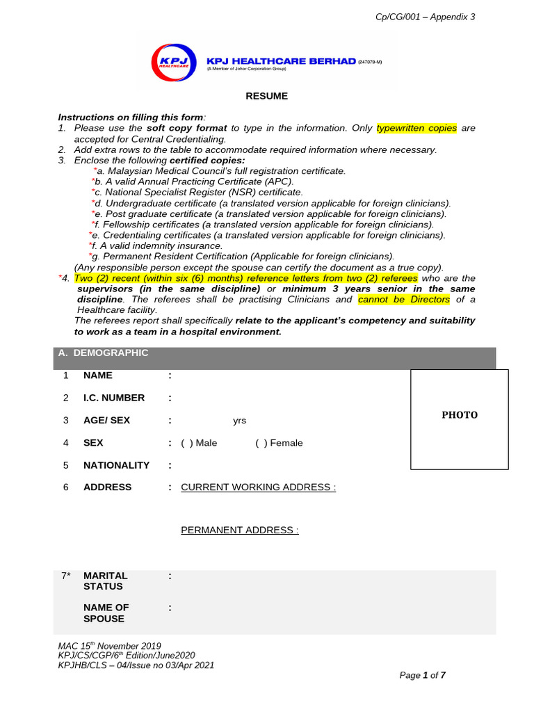 KPJ Resume Form 1667873848 | PDF | Health Care