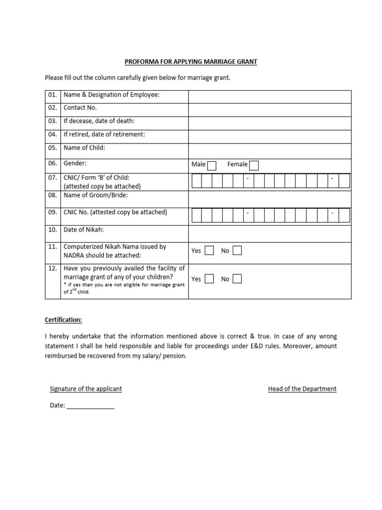 Proforma For Applying Marriage Grant | PDF | Career & Growth | Finance ...