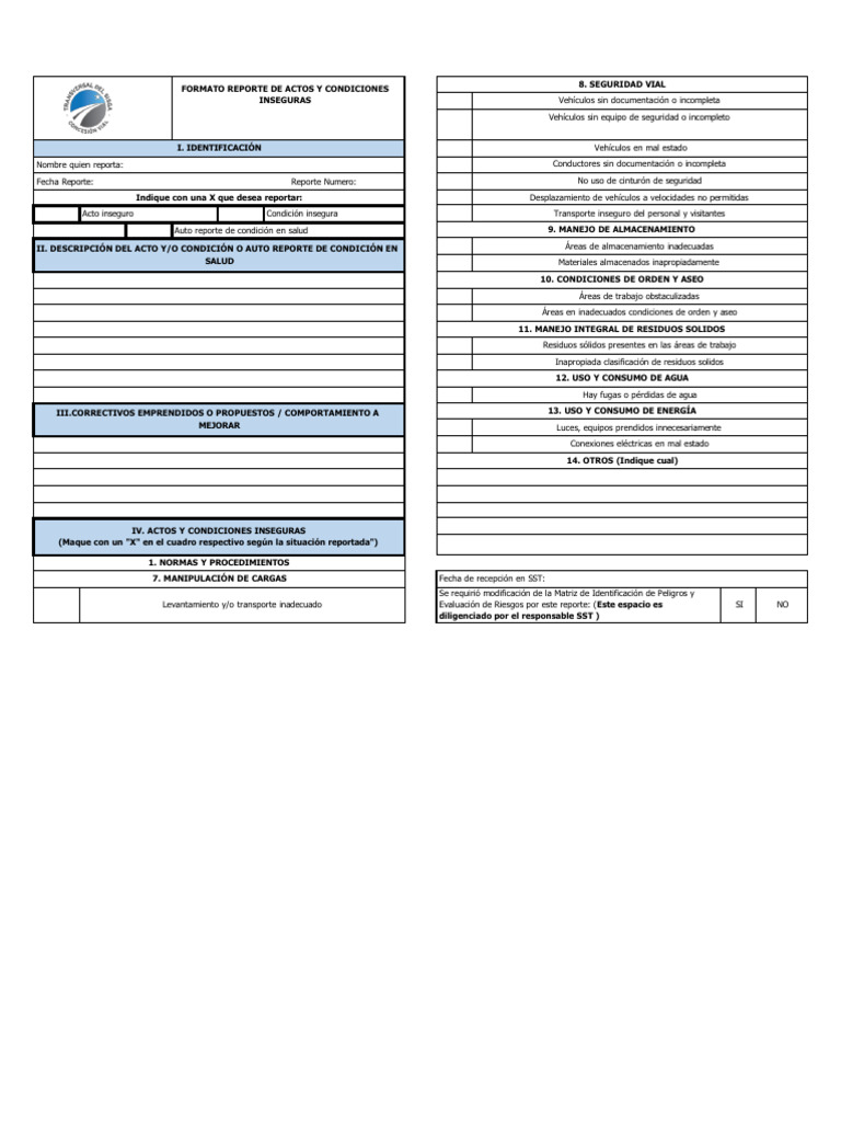 Formato Reporte de Actos y Condiciones Inseguras y Auto Reporte de ...
