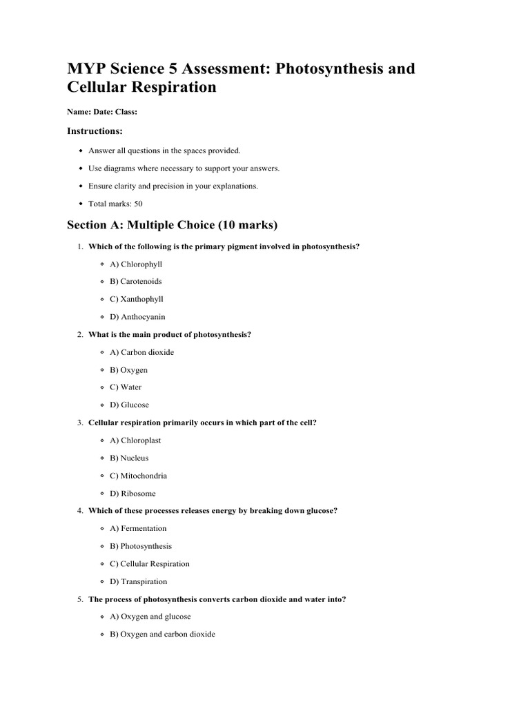MYP Science 5 Assessment - Photosynthesis and Cellular Respiration ...