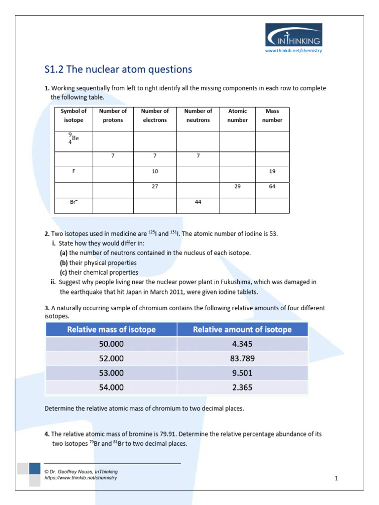 Nuclear Atom Isotope Questions Guide | PDF