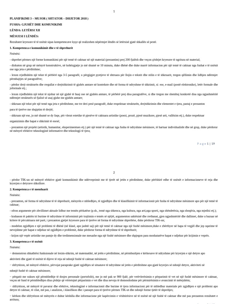 Planifikimi 3 Mujori I Pare Letersi 12 | PDF