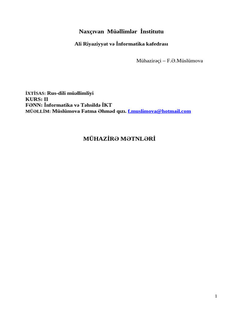 İnformatika VƏ Təhsildə İKT Rus Dili Müəllimliyi 2 Kurs | PDF