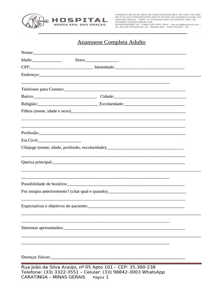 Anamnese Completa Adulto Paciente (MODELO) | PDF | Psiquiatria ...