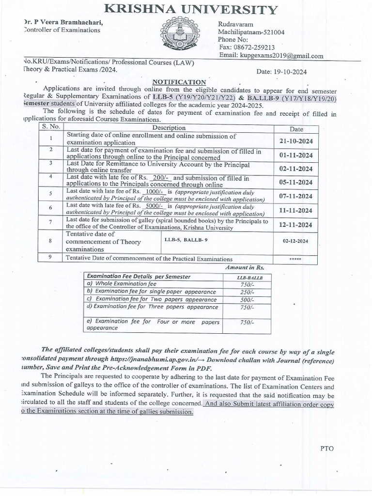 LLB 5 and Ba LLB 9 Sem Exams Dec 2024 Notification | PDF