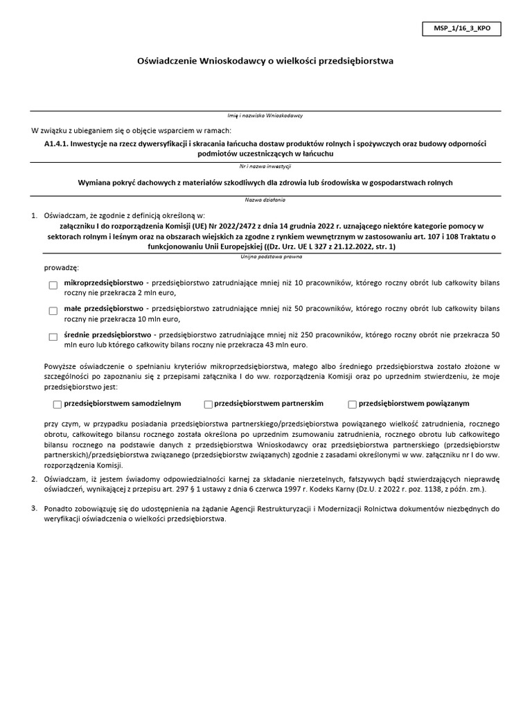 Z5 2 Oswiadczenie MSP KPO Podstawa Prawna | PDF