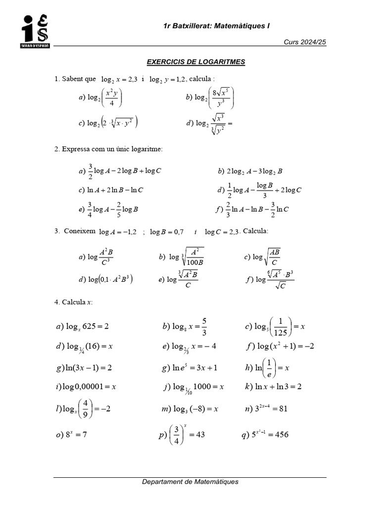 Full 1 - Exercicis Logaritmes - Mat - I | PDF