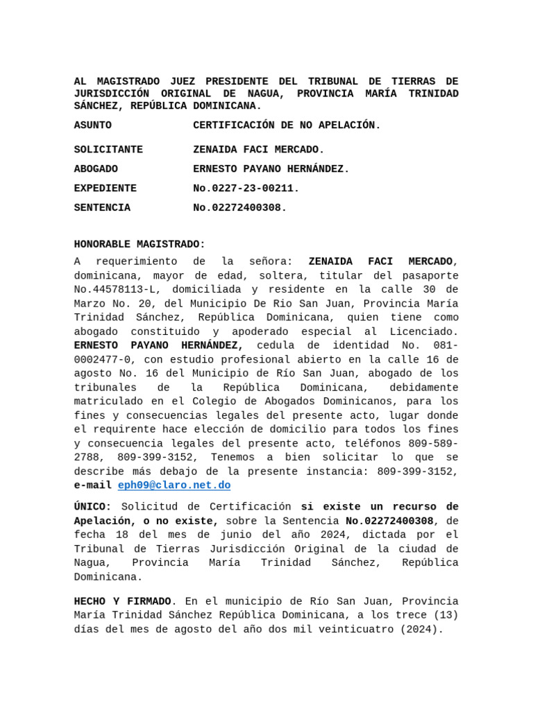 Aaa Certificacion de No Apelacion Caso Zenaida Faci Mercado | PDF