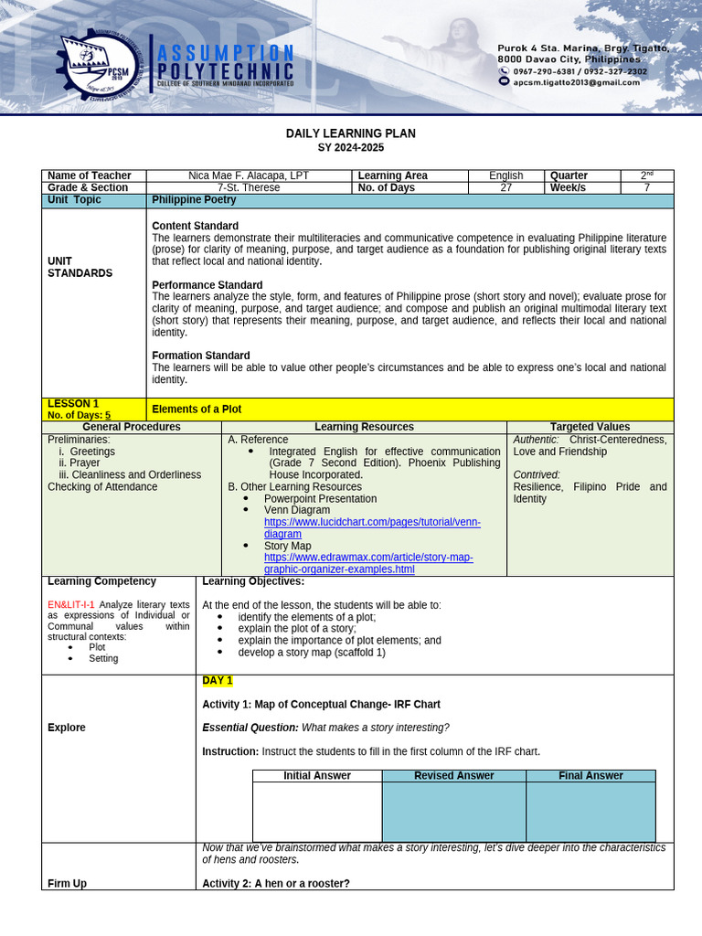Q2 Lesson 1 Learning Plan Eng 7 | PDF | Chicken | Multiple Choice