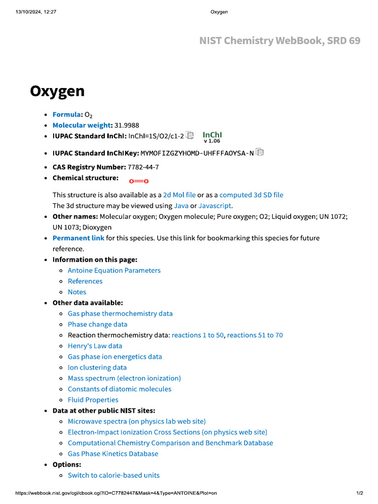 Antoine Constants For Oxygen | PDF