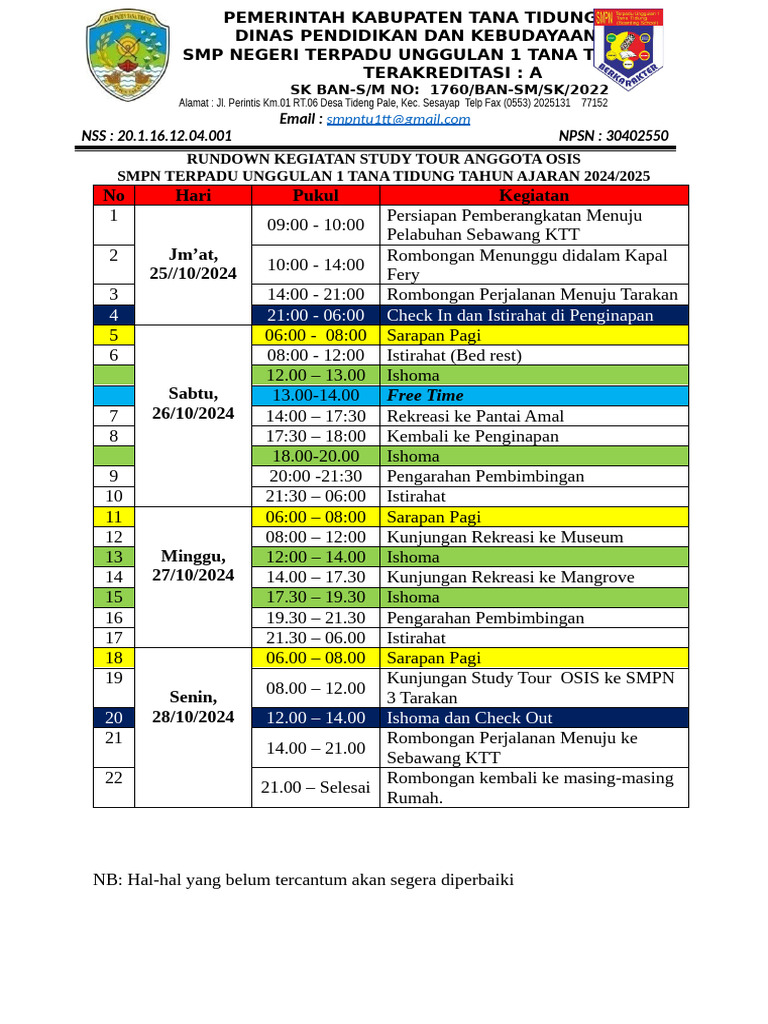 Rundown Studi Banding Osis SMPNTU1TT Ke SMP 3 Tarakan 2024 2025 | PDF