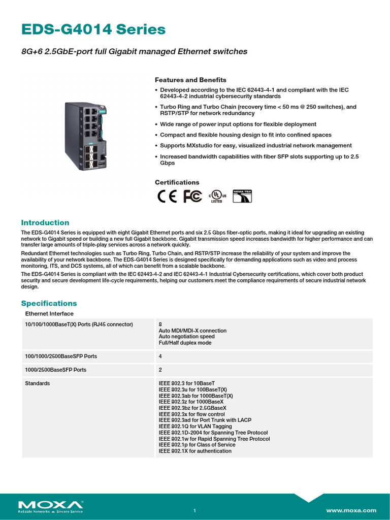 Moxa Eds g4014 Series Datasheet v1.1 | PDF | Computer Science | Network Protocols