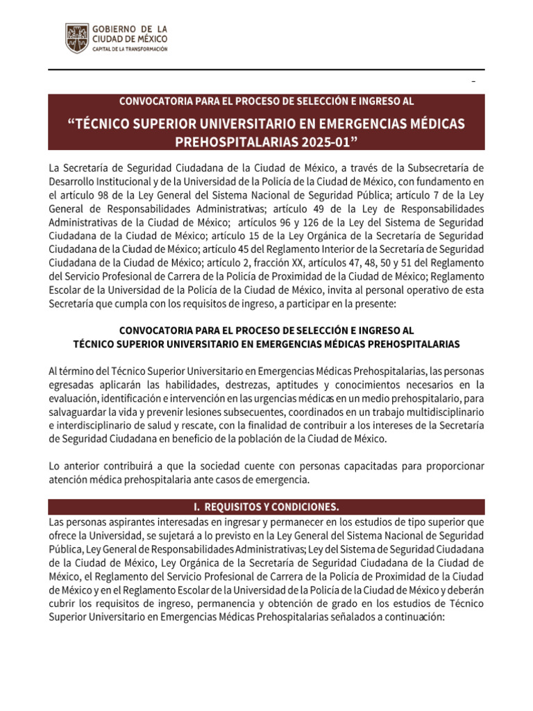Convocatoria Tecnico Superior Universitario en Emergencias Medicas Prehospitalarias 2025 01 ...